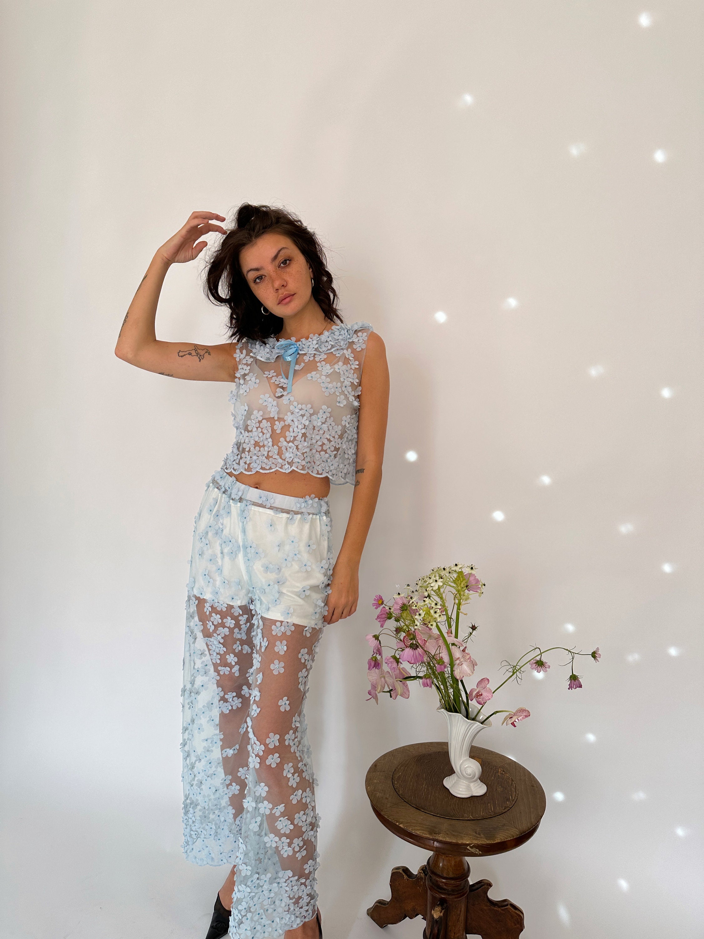 Blue Sheer Mini Florals Top Coquette Dollette - Etsy