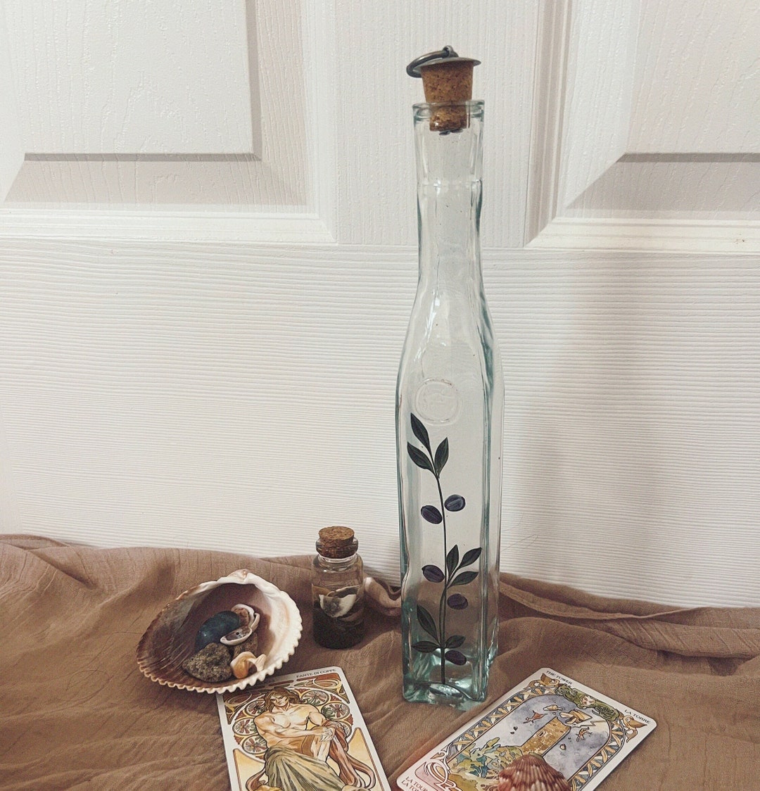 Vintage Floral Glass Offering Bottle, Green Witch Altar Tools, Deity ...