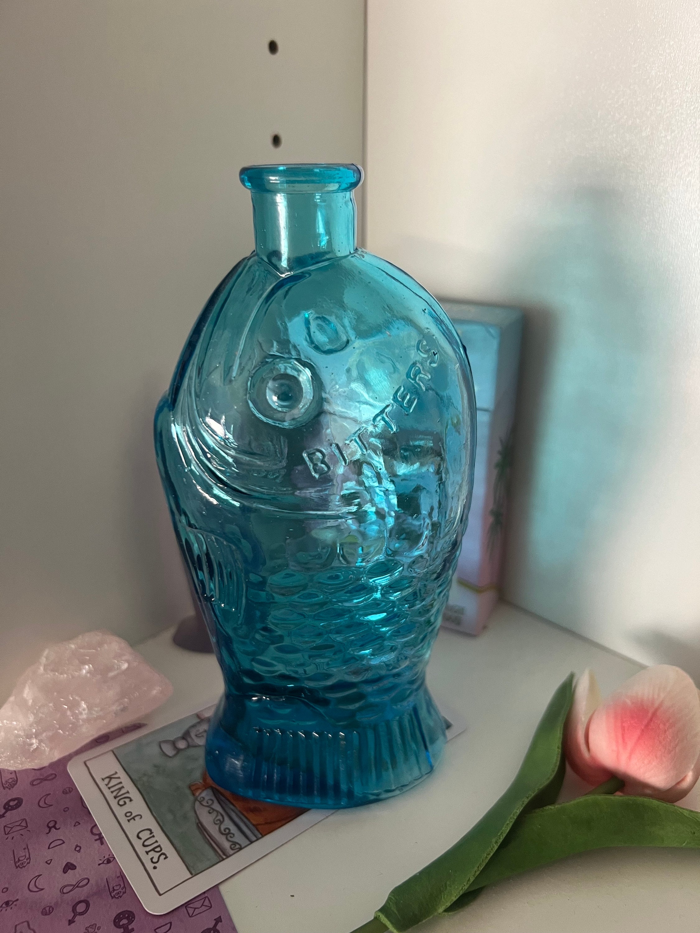 Vintage Blue Fish Shaped Bitters Bottle , Ocean Deity Offering Bottle ...