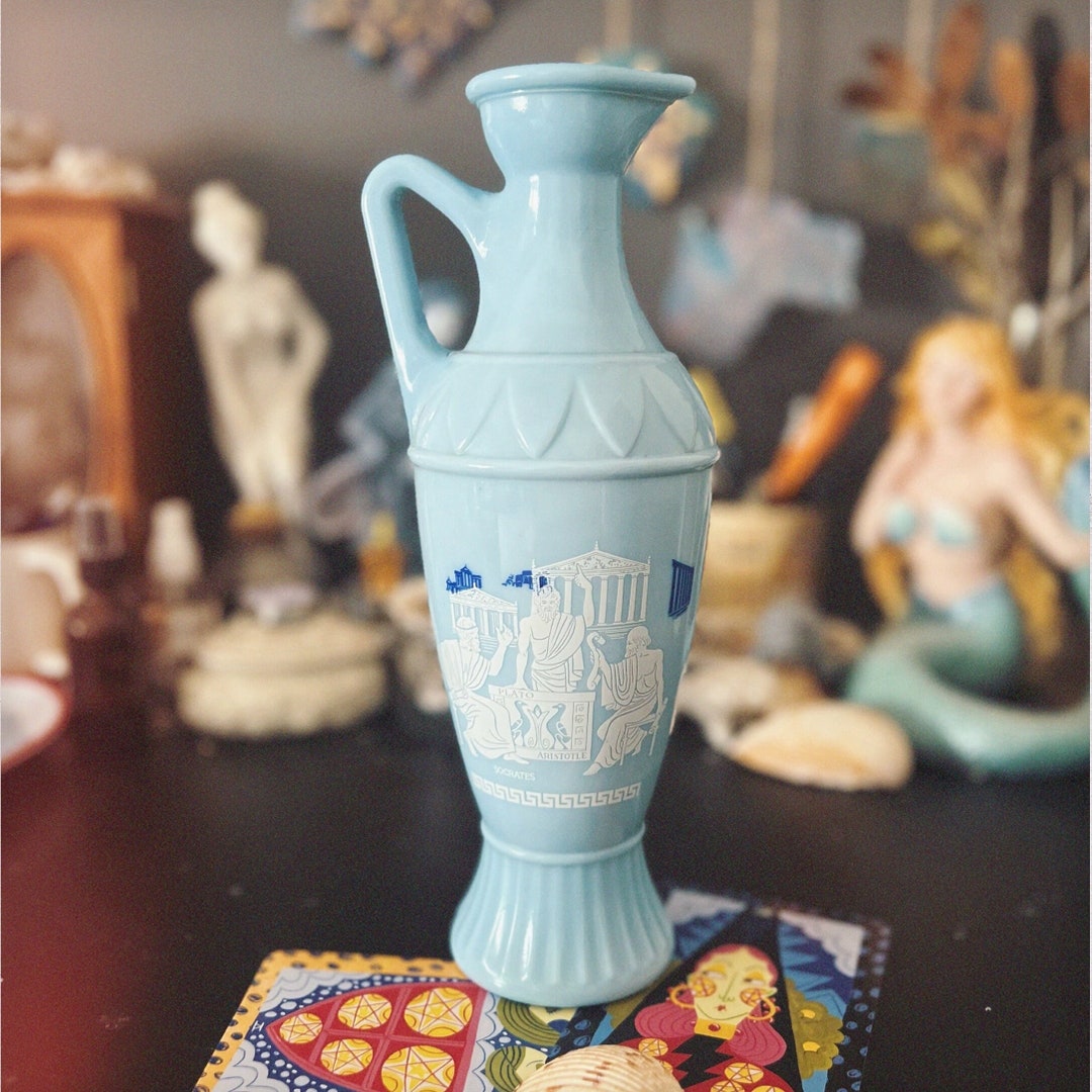 Vintage Blue Greek Deity Offering Vase, Light Blue Whisky Decanter ...