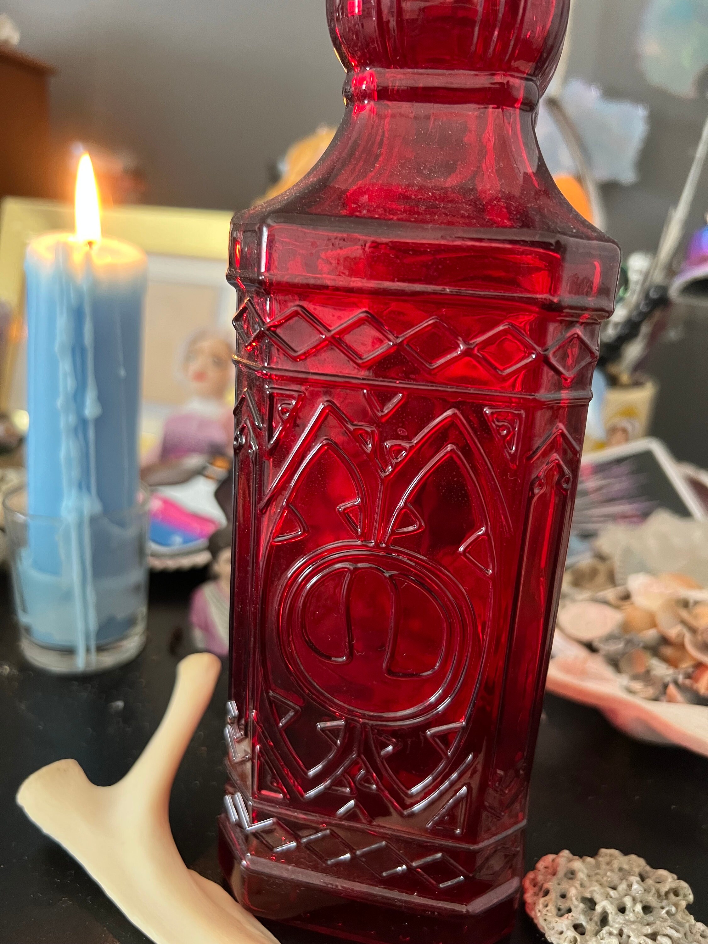 Vintage Red Deity Offering Vase, Dark Blue Whisky Decanter, Sea Witch ...