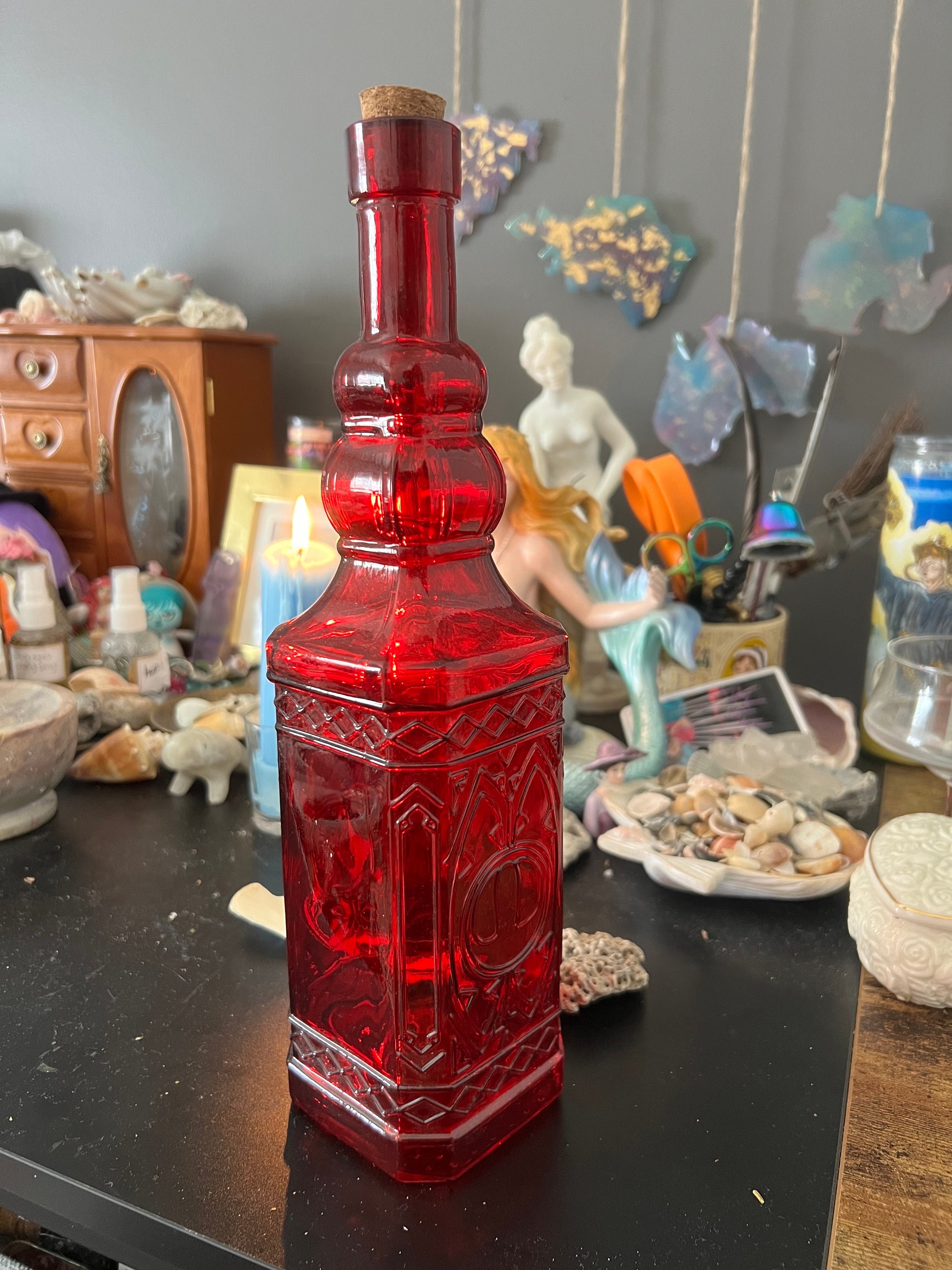 Vintage Red Deity Offering Vase, Dark Blue Whisky Decanter, Sea Witch ...