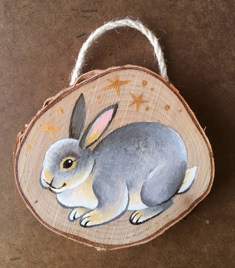 Hand Painted Bunny on Wooden Round | Etsy