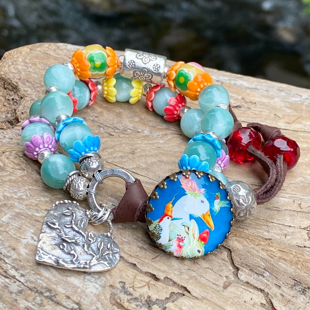 Summer Garden Bracelet, Artisan Boho Bracelet, Green Moonstone, Goose and Animal Friends Button ...