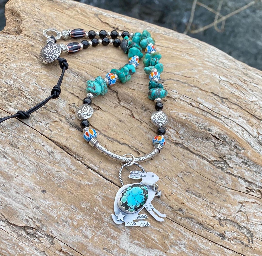 Turquoise Rabbit Necklace, Vintage Natural Hubei Turquoise, Shungite ...