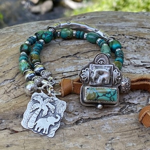 Boho Elephant Bracelet, Artisan Handmade, Hubei Polychrome Turquoise Elephant Button, Navajo ...