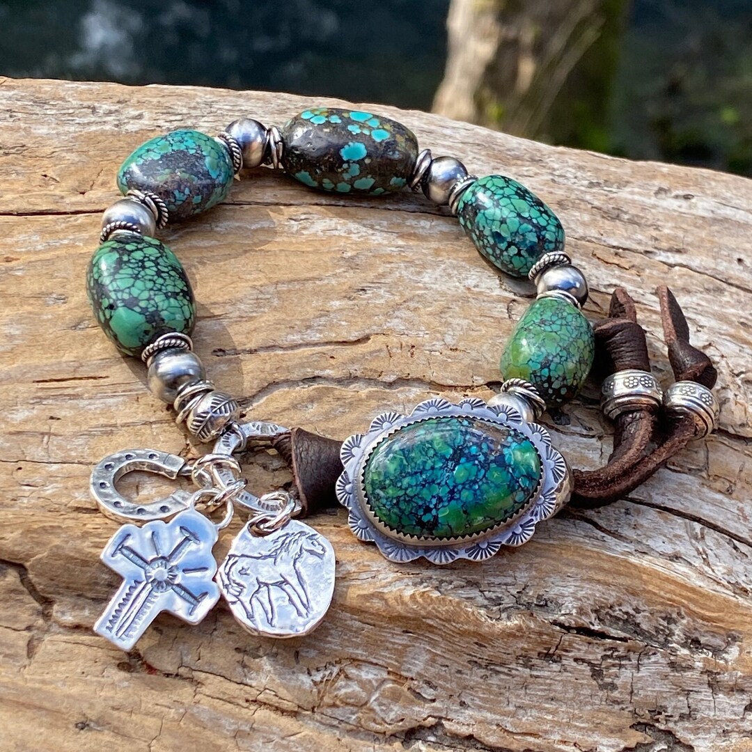 Genuine Turquoise Bracelet, Artisan Bamboo Mountain Turquoise Button ...