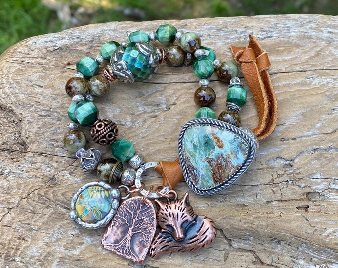 Boho Forest Bracelet, Artisan Handmade, Green Jasper Button, Green ...