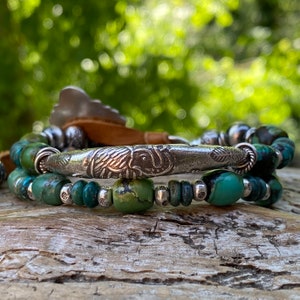 Boho Elephant Bracelet, Artisan Handmade, Hubei Polychrome Turquoise Elephant Button, Navajo ...