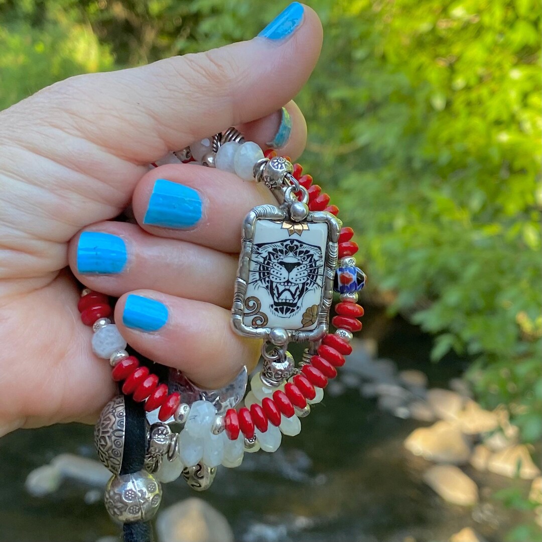 Boho Tiger Bracelet, eye of the tiger, Rainbow Moonstone, artisan ...