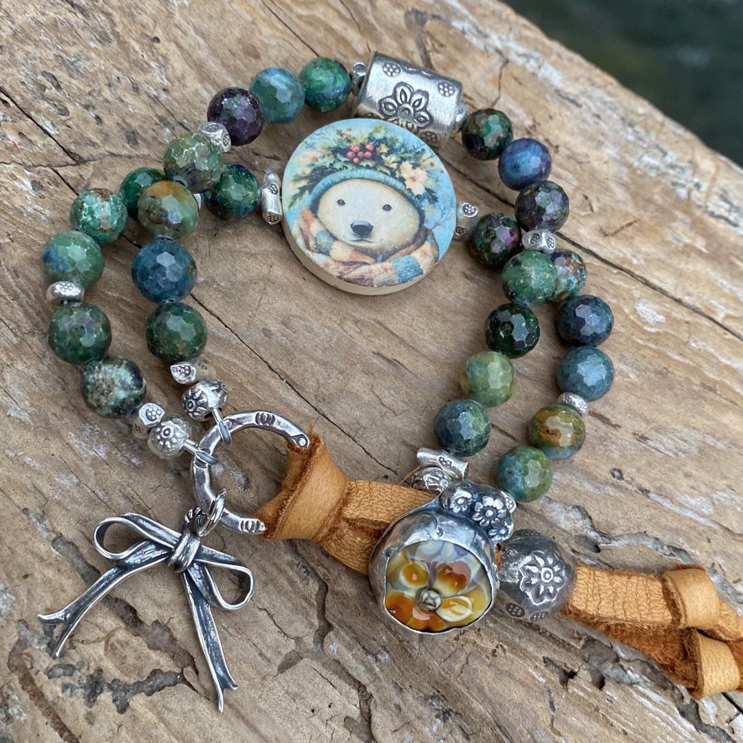 Boho Ruby Kyanite Bracelet: Polar Bear, Artisan Lampwork Button ...