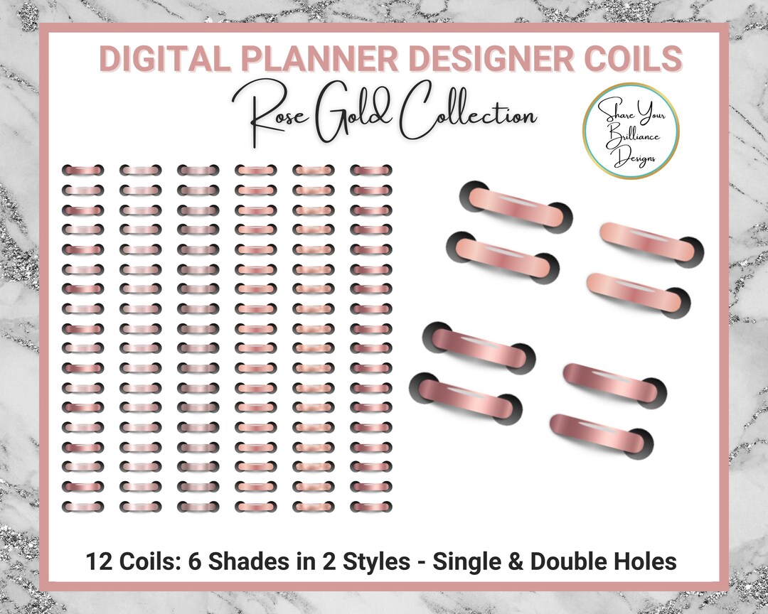 Digital Planner Wire Coils Rose Gold Designer Collection 12 PNG Binder ...