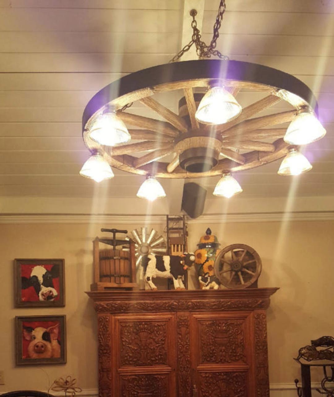 Rawhide! Wagon Wheel Chandelier Western Decor Pendant Rustic Light Log ...