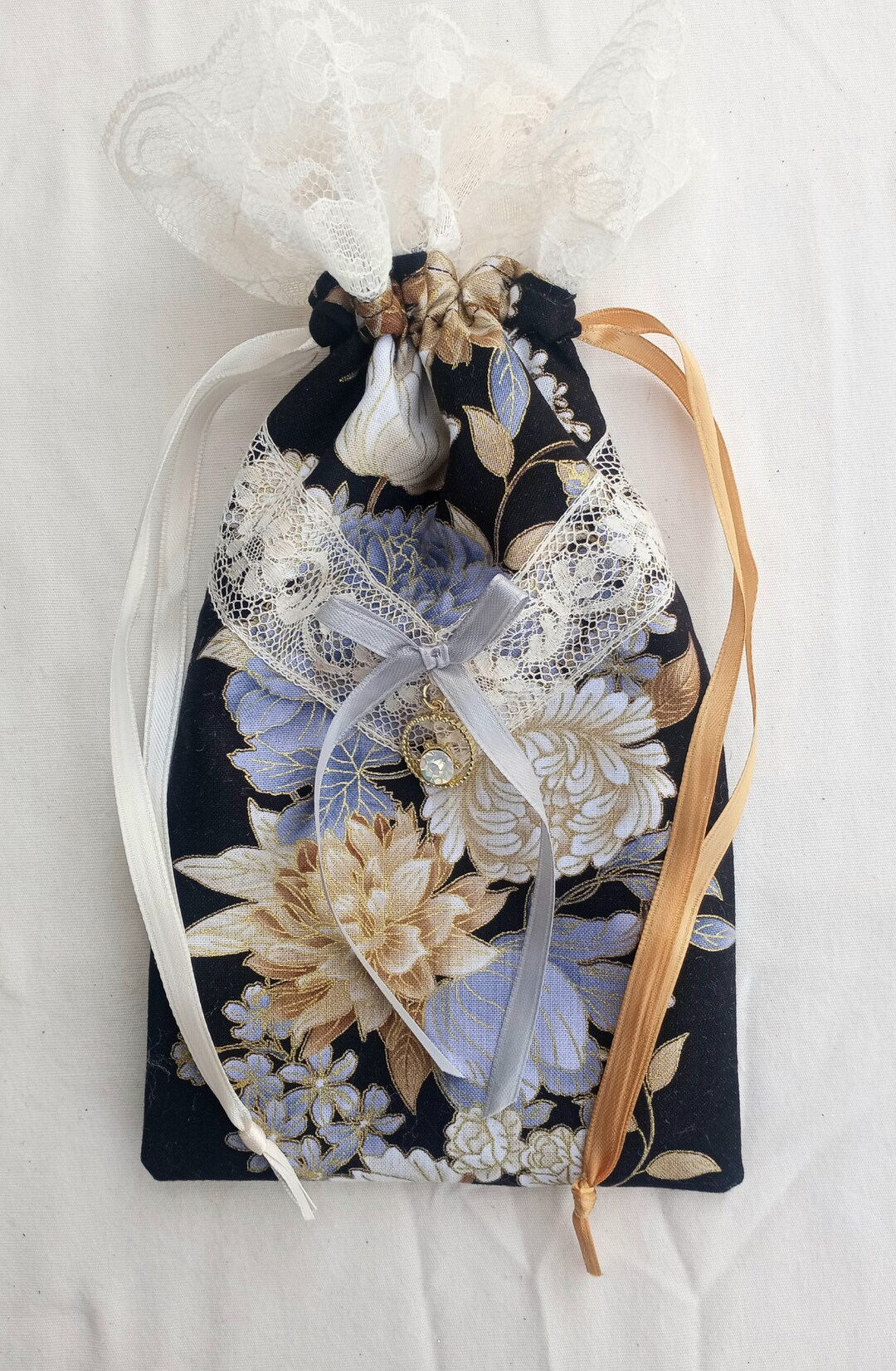 Floral Tarot Bag, Vintage Lace Trim, Black/ivory/blues/golds, Handmade ...