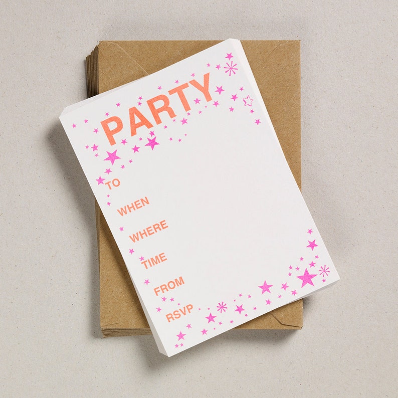 12 Party Invitations - Flouro Pink & Orange Stars Design,risograph ...