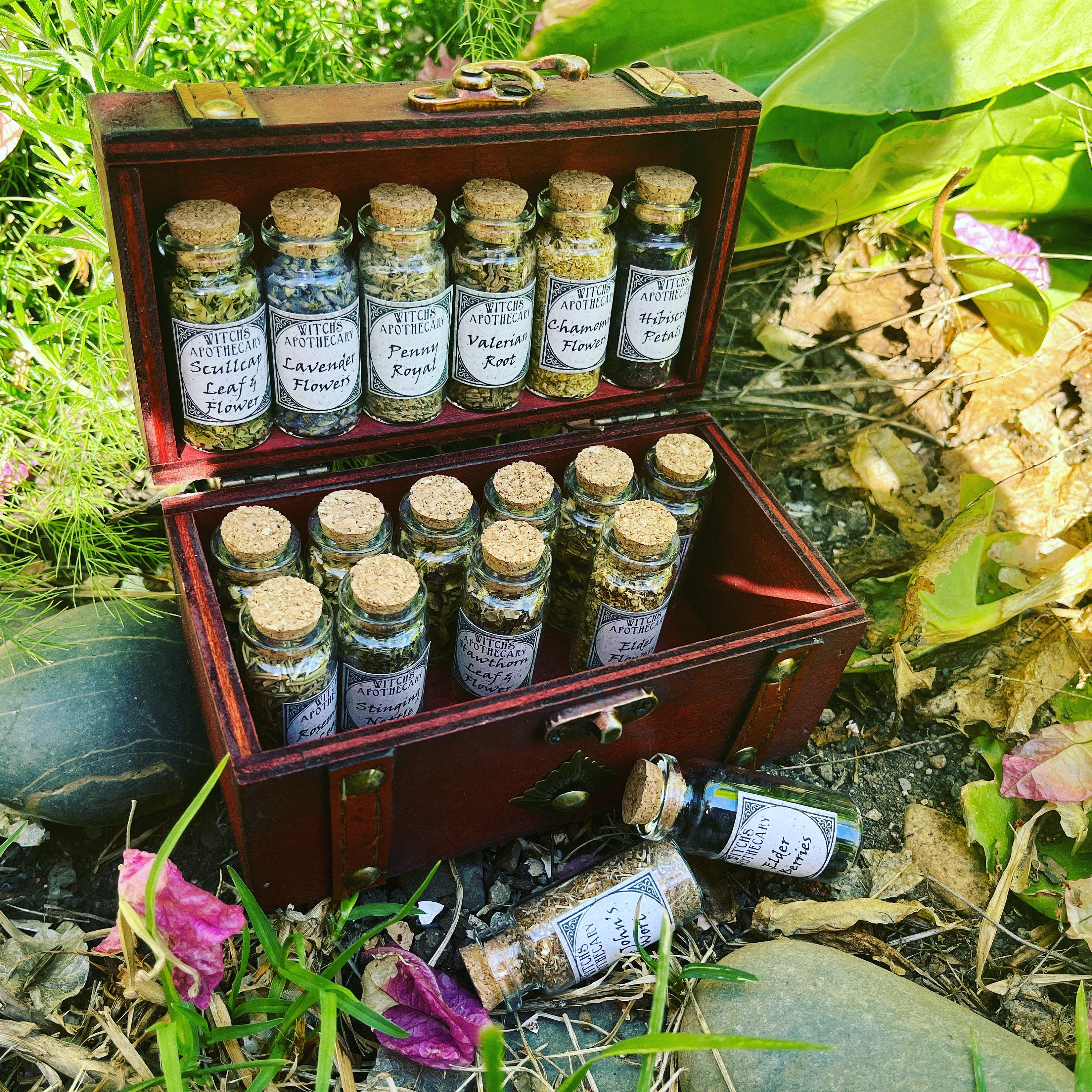 Witchcraft Apothecary W/ Mortar and Pestle ~ Herbs Glass Bottles ~ Book ...