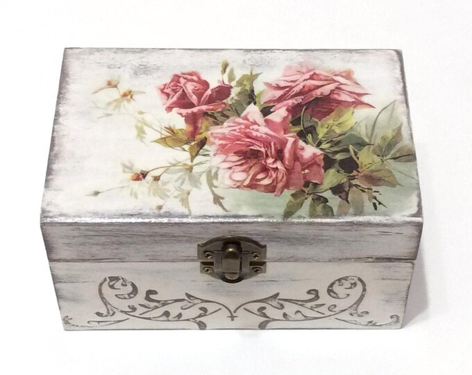 Wooden Decoupage Storage Box Handmade White and Brown Vintage | Etsy