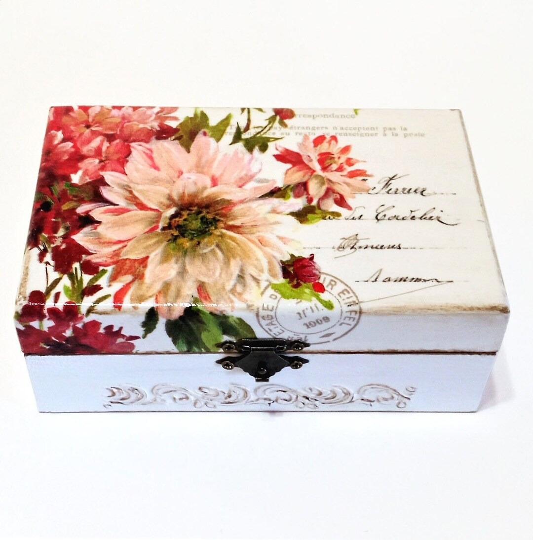 Wooden Keepsake Storage Box, Decoupage Jewelry Box, Floral Trinket Box ...