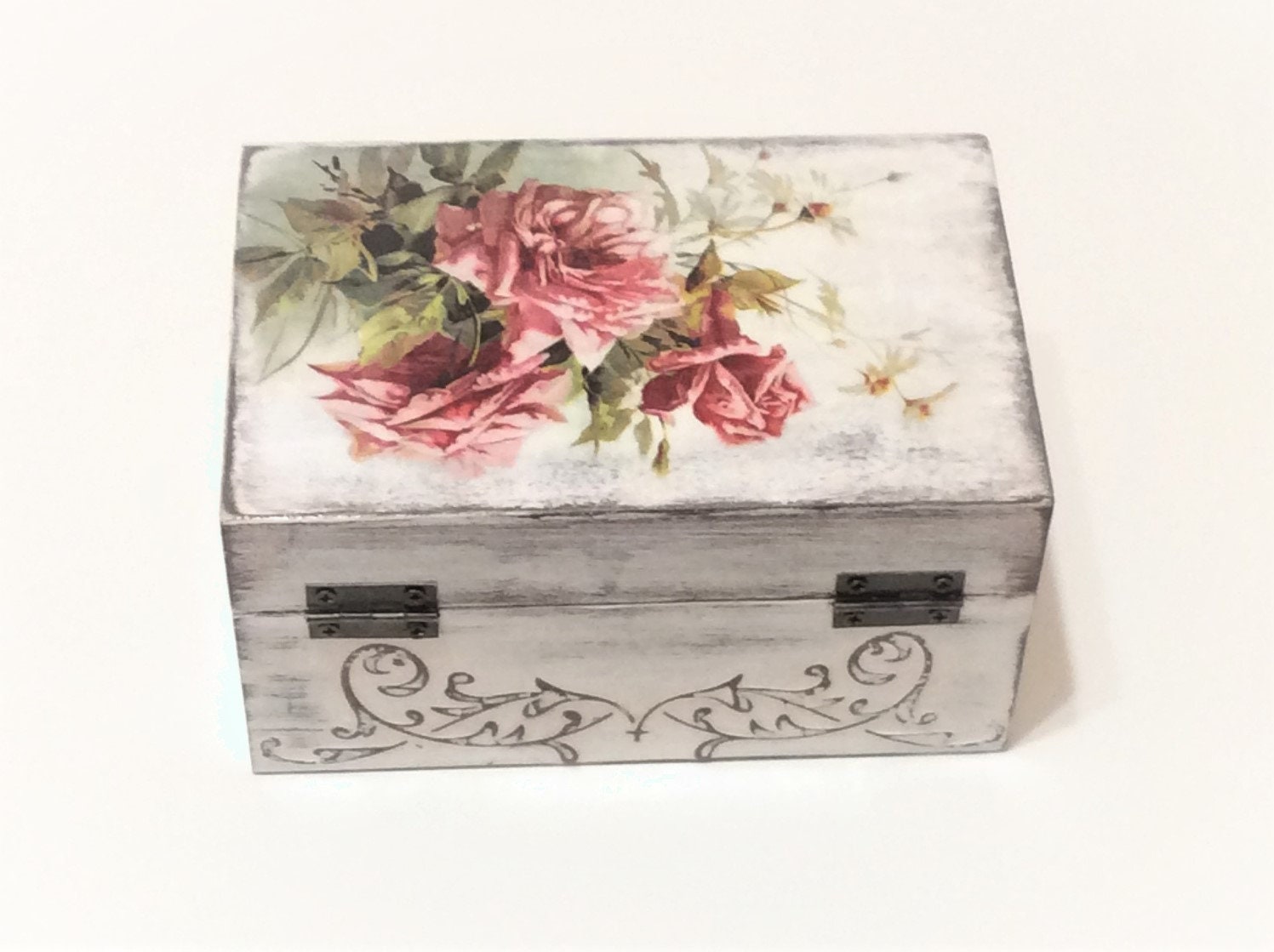 Wooden Decoupage Storage Box Handmade White and Brown Vintage - Etsy