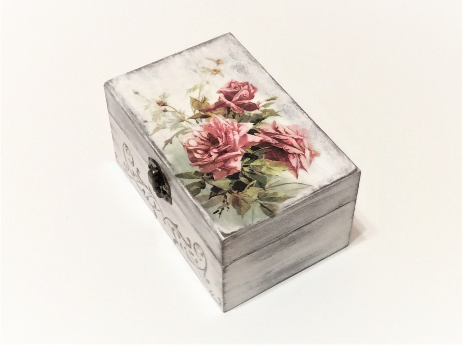 Wooden Decoupage Storage Box Handmade White and Brown Vintage - Etsy