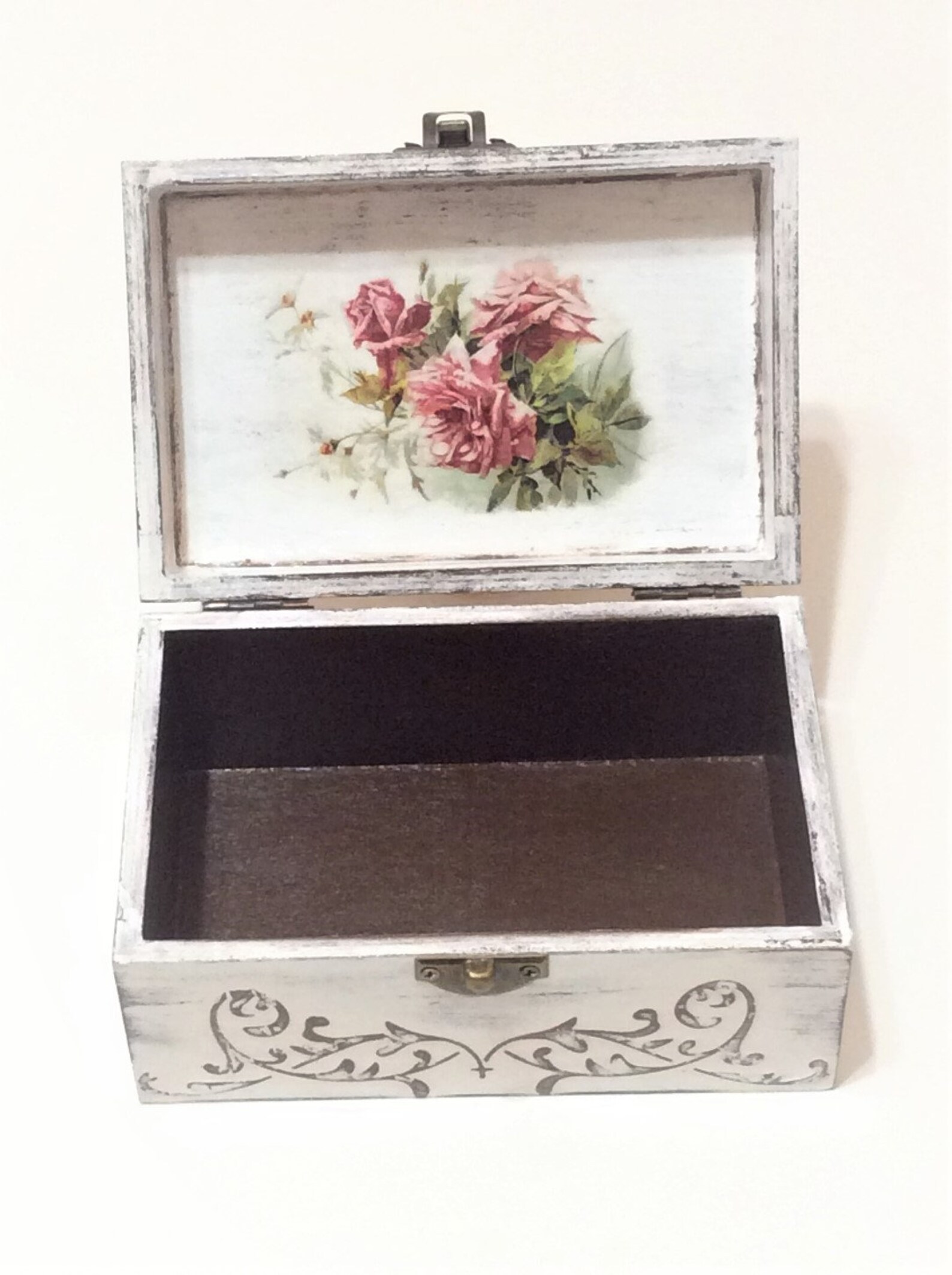 Wooden Decoupage Storage Box Handmade White and Brown Vintage - Etsy