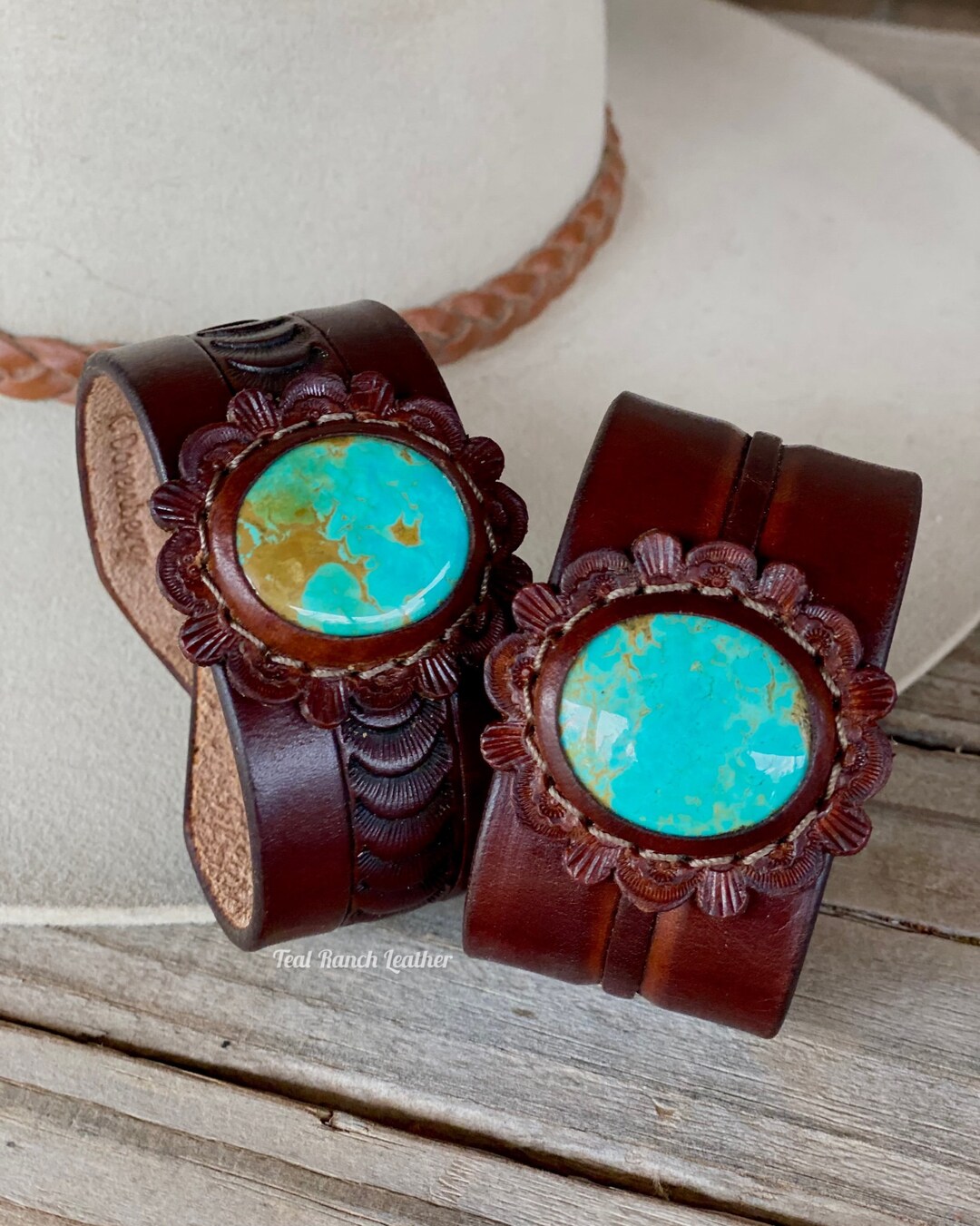 Leather and Turquoise Cuffs/ Western Boho Cuffs-tyrone Turquoise ...