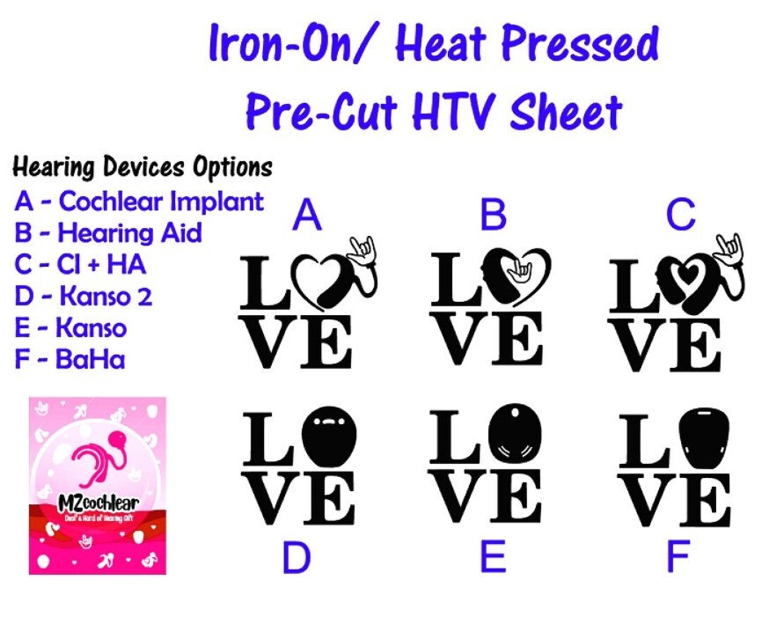 Iron on HTV Vinyl Pre-cut Sheet, Hearing Aid Cochlear Implant ASL Love ...