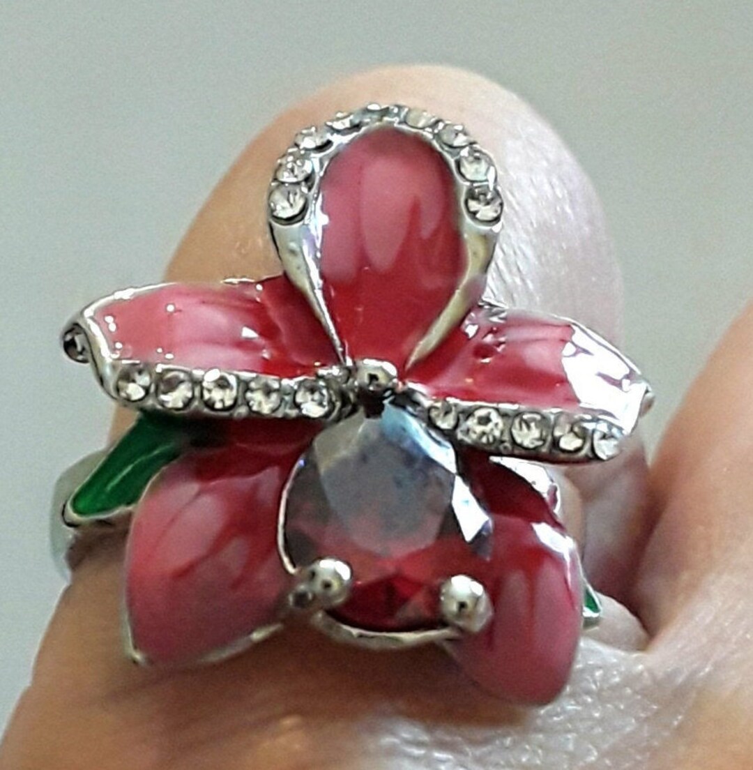 Vintage Pink and Green Crystal Flower Ring for Women Size 8, Vintage ...