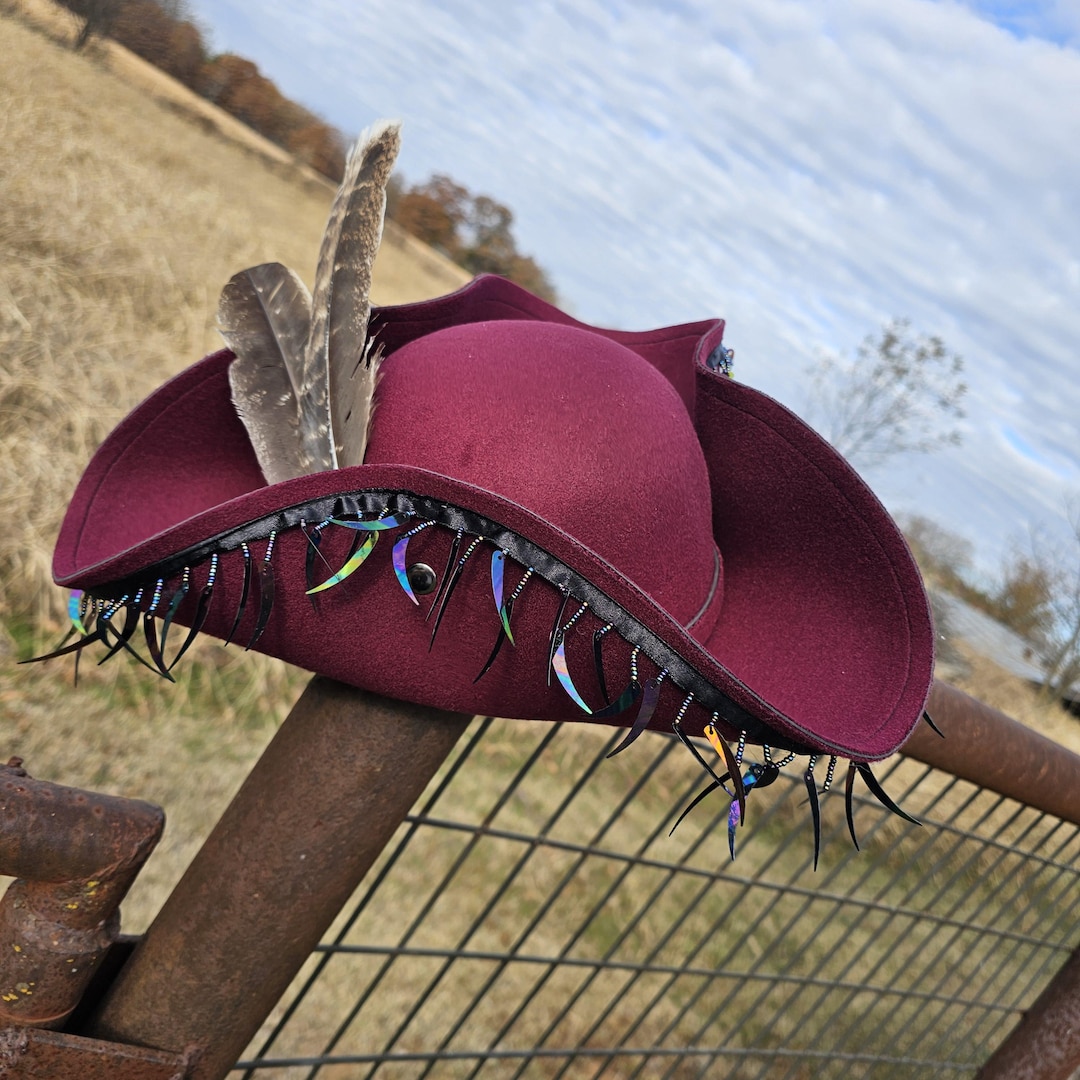 Maroon Tricorn Hat With Black Metallic and Trim, Turkey Feathers - Etsy