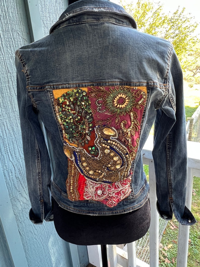 Upcycled Denim Jacket With crazy Quilt Sari Silk Beadwork - Etsy