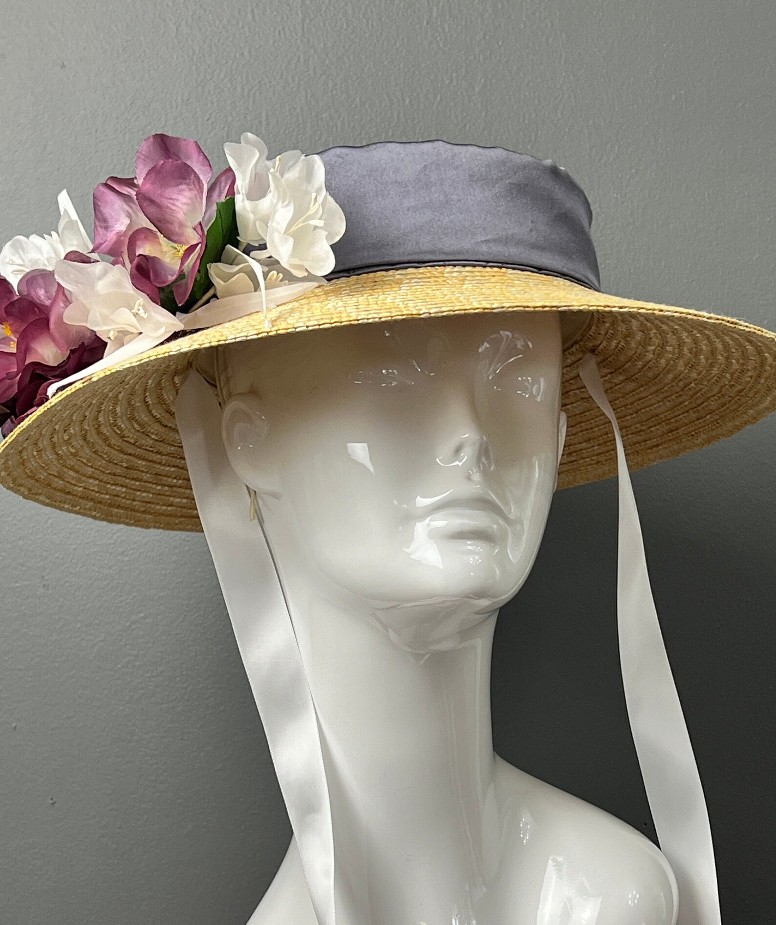 Straw Boater or "shepherdess" Style Hat With Vintage Flowers - Etsy
