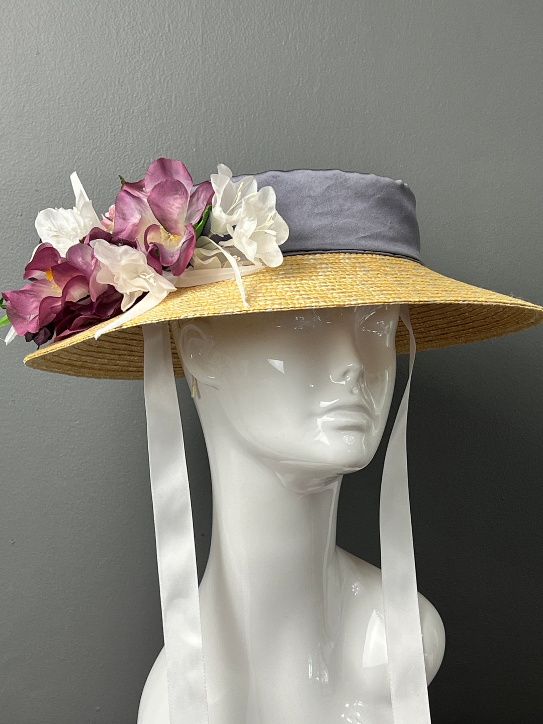 Straw Boater or "shepherdess" Style Hat With Vintage Flowers - Etsy