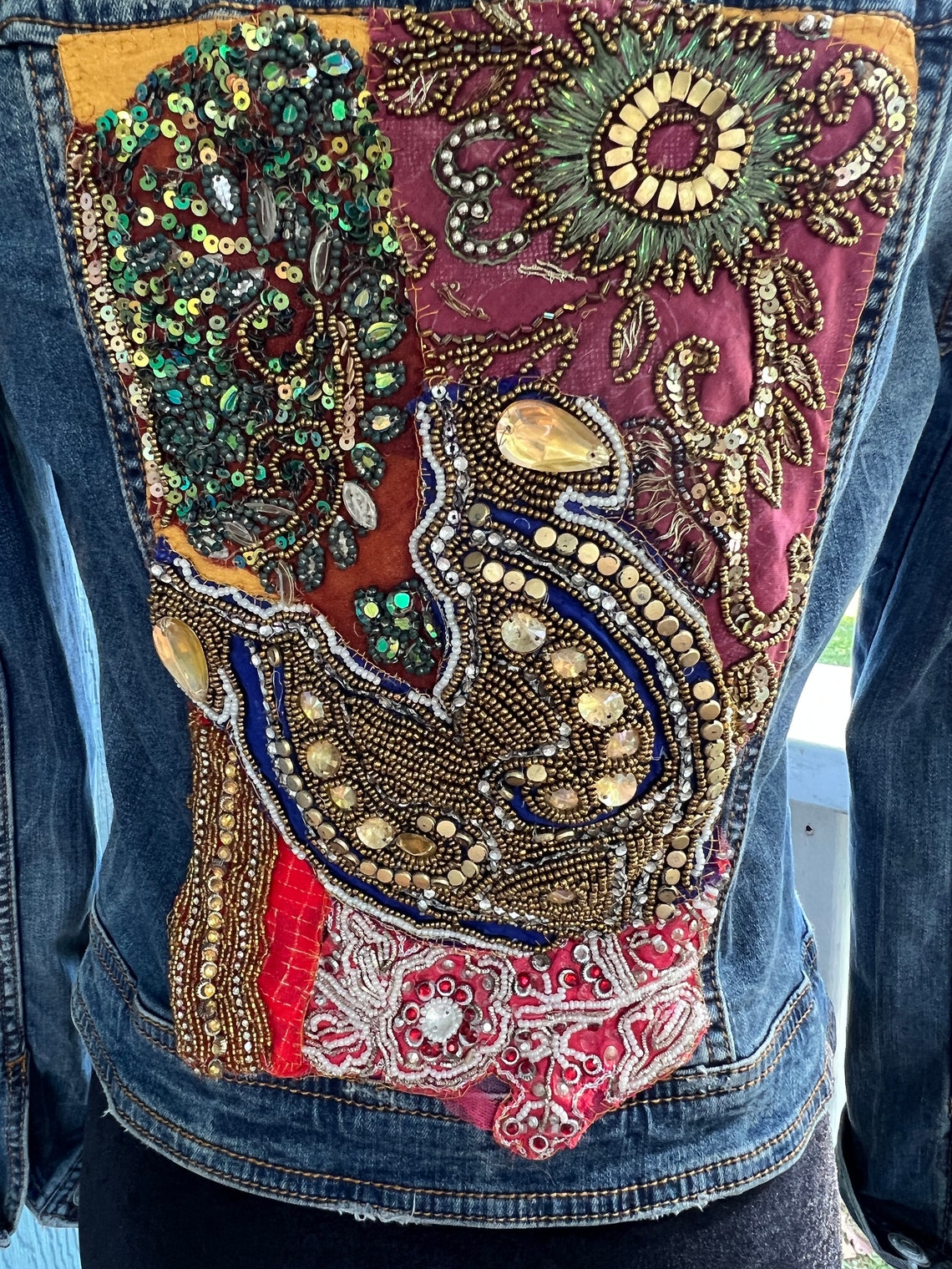 Upcycled Denim Jacket With crazy Quilt Sari Silk Beadwork - Etsy