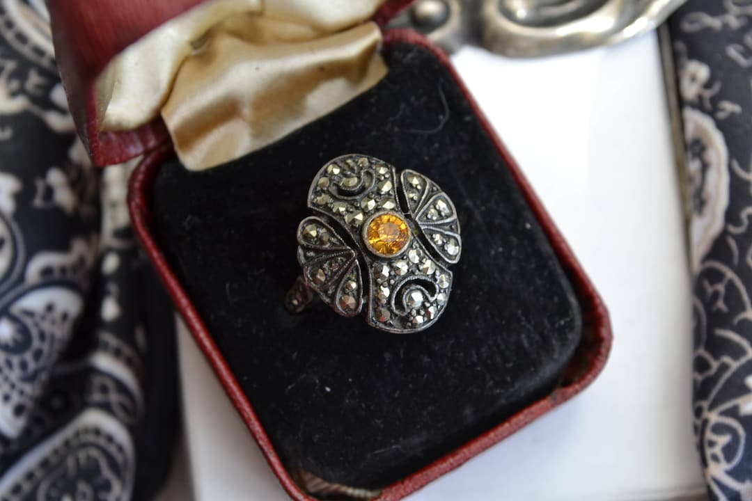 Vintage DELCITA French Art Deco Sterling Silver Citrine Paste Marcasite ...