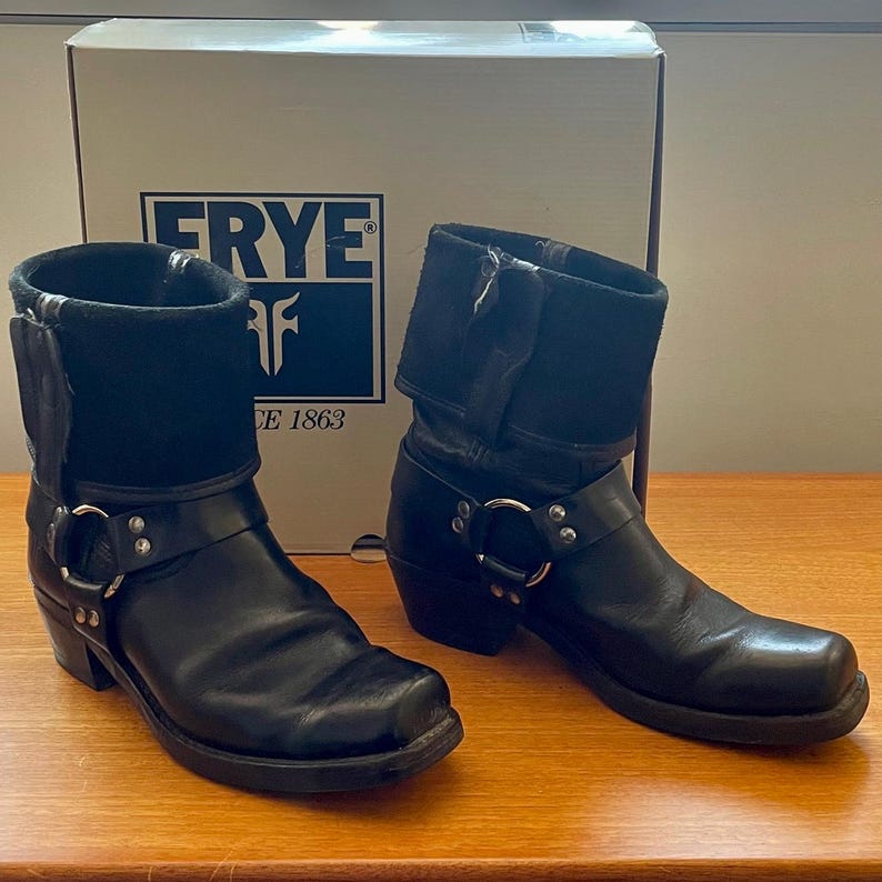 Vintage FRYE Women's Black Leather Moto Metal Harness Boots - Etsy