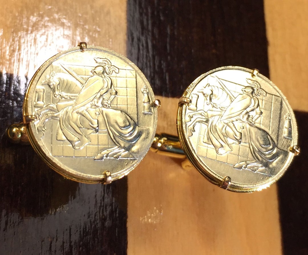 Armored Chess Knight on Horse W/ Sword & Shield Brass Coin Cufflinks ...