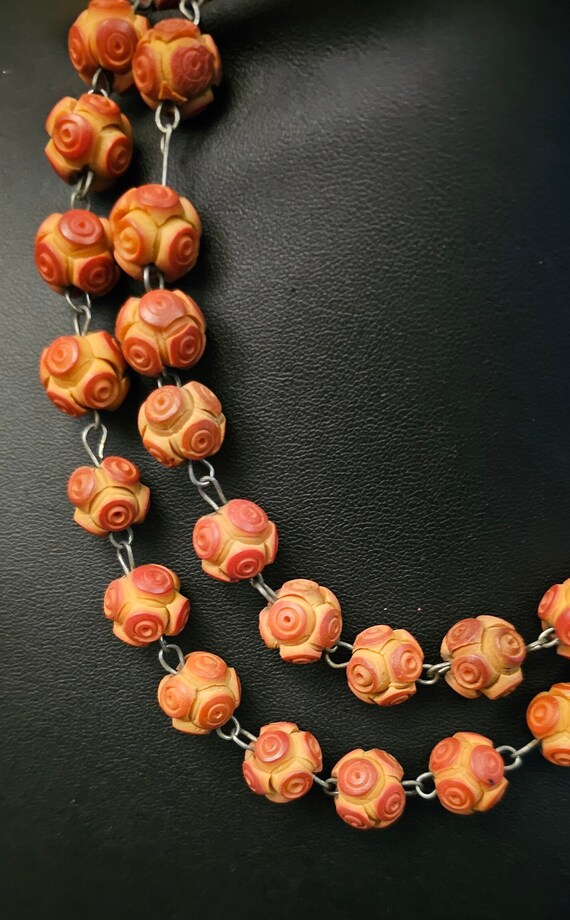 Antique Art Deco carved Galalith flower beaded Neckla… - Gem
