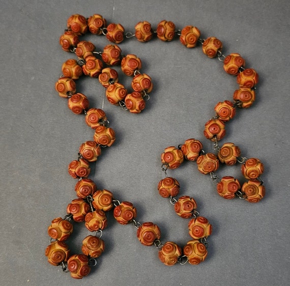 Antique Art Deco carved Galalith flower beaded Neckla… - Gem