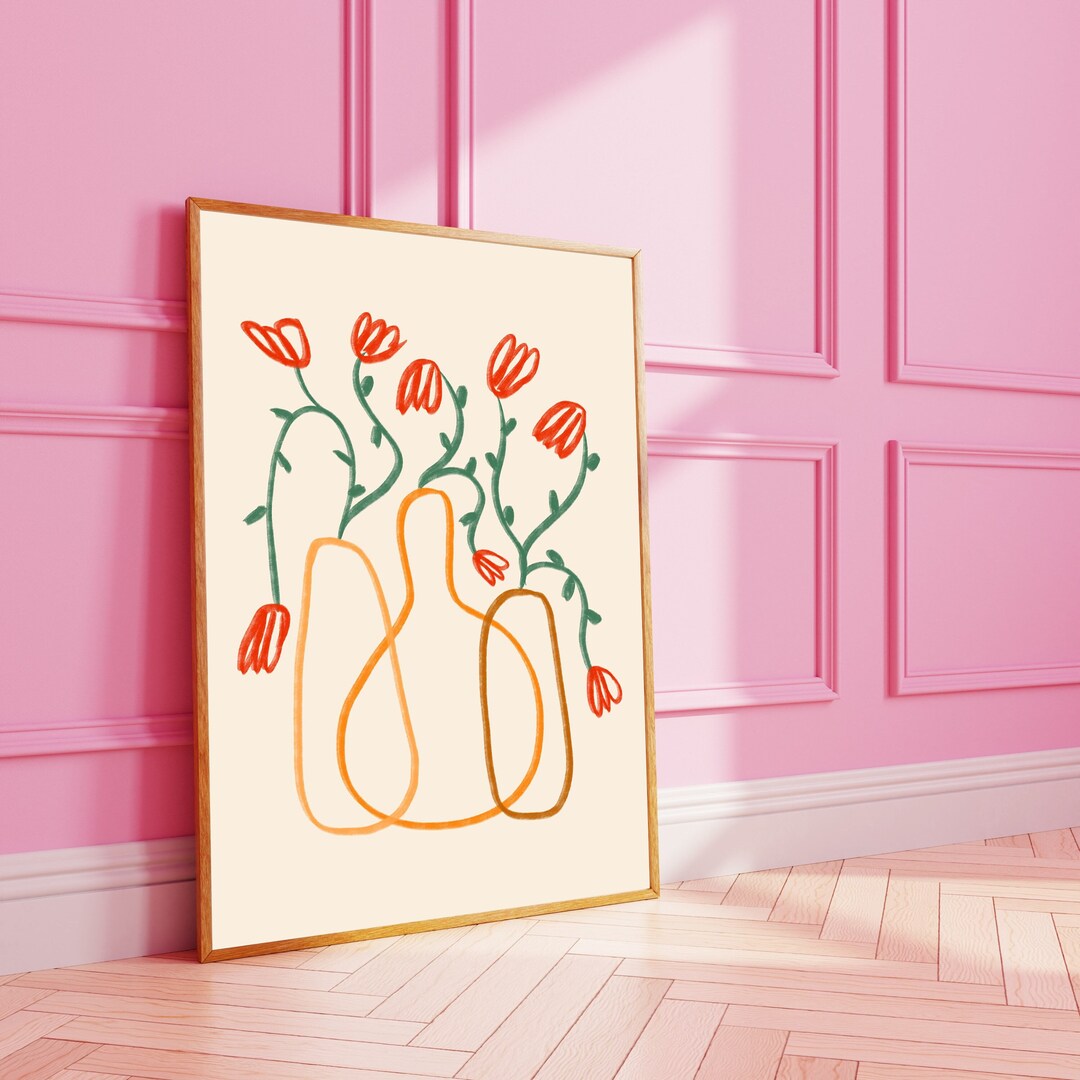 Floral Vase Preppy Print Pastel Pink Blush Modern Maximalist Wall Art ...