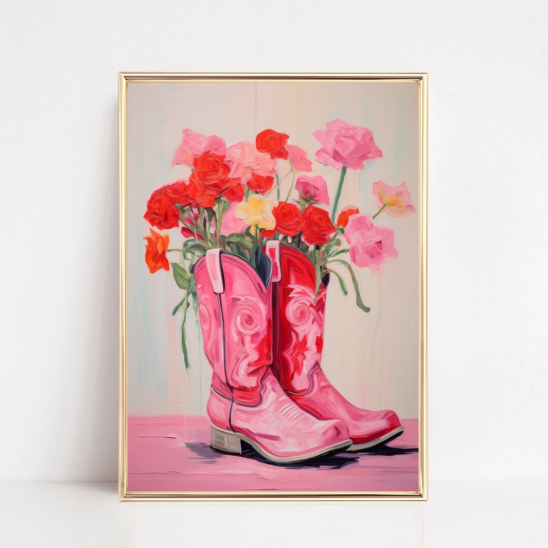 Floral Cowgirl Boots Print Western Country Farmhouse Painting Poster ...