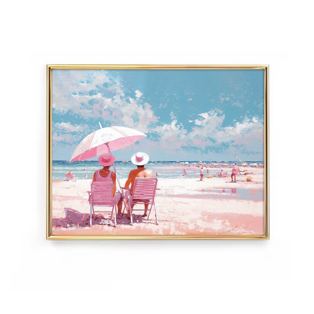 Pink Coastal Beach Preppy Print Pastel Blush Umbrellas Ocean Painting ...