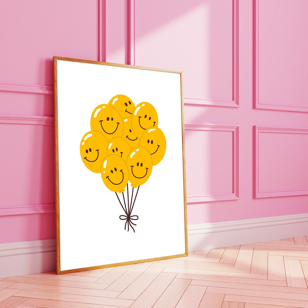 Yellow Smiley Balloons Print Funky Retro Preppy Poster Eclectic Wall ...