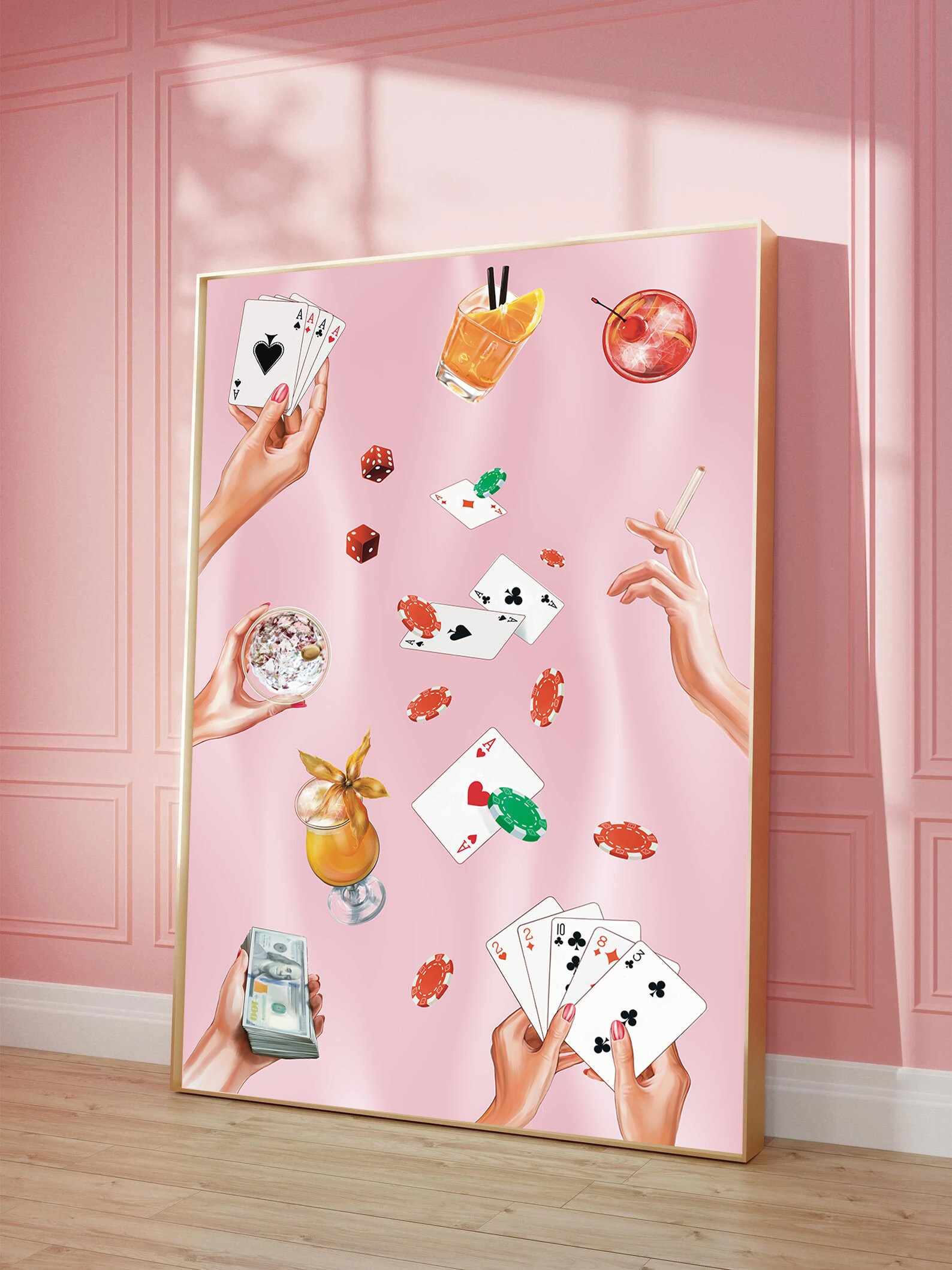 Women Poker Night Print Colorful Preppy Cocktail Pink Playing Cards ...