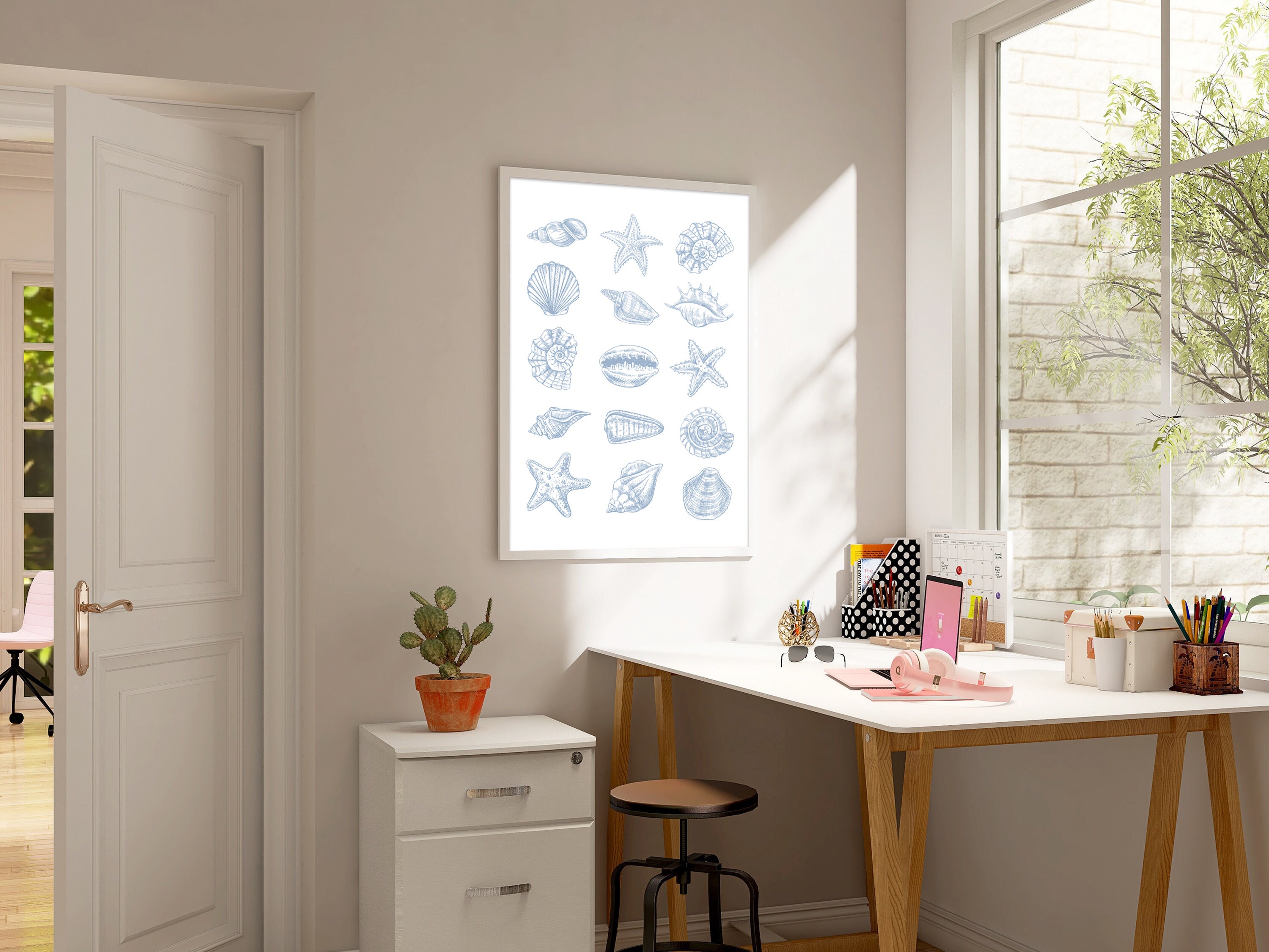 Light Blue Seashells Coastal Beach House Preppy Print Seafood Pastel ...