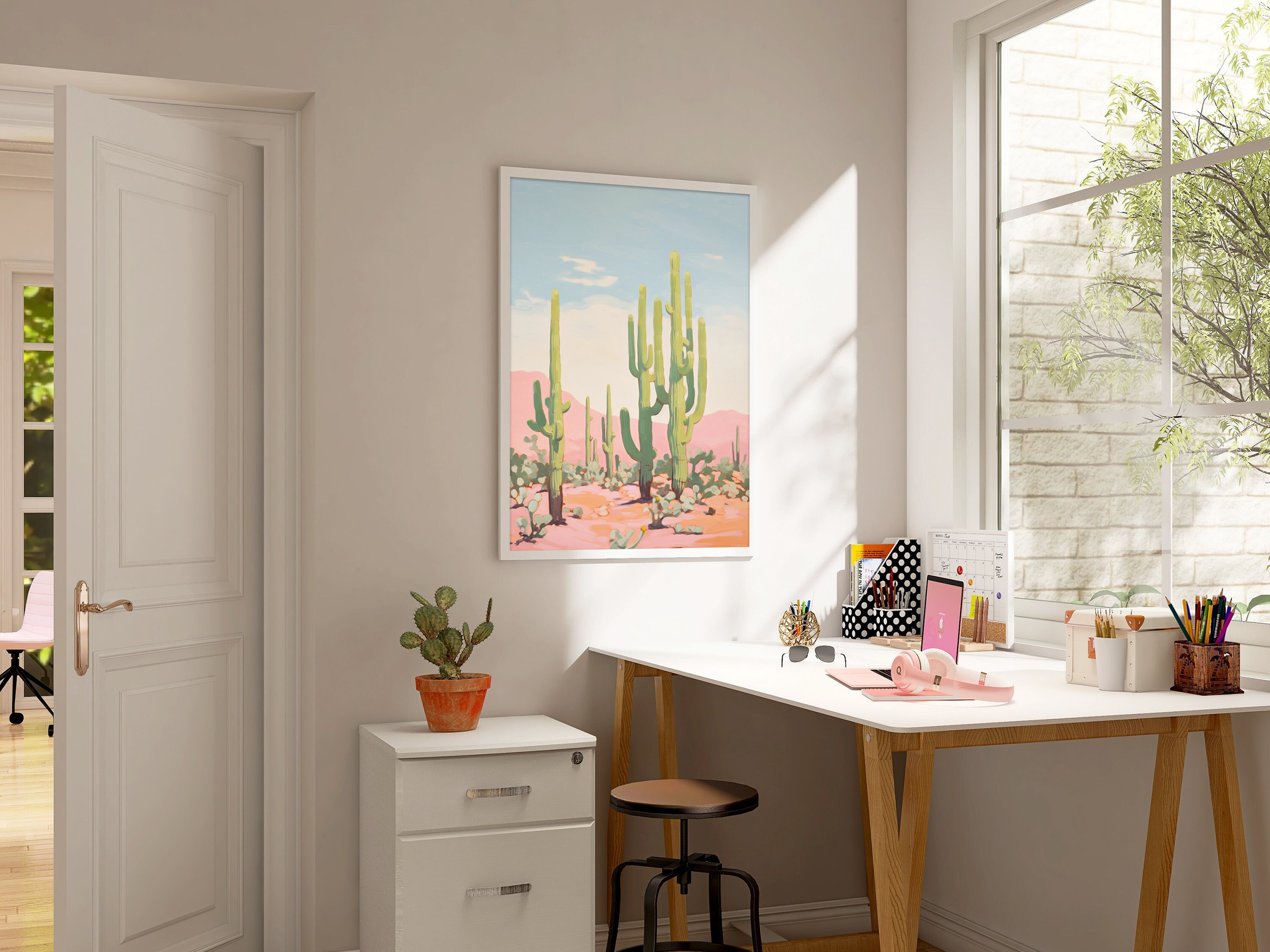 Southwest Desert Cactus Print Preppy Pastel Blush Pink Poster Modern ...