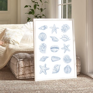 Light Blue Seashells Coastal Beach House Preppy Print Seafood Pastel ...