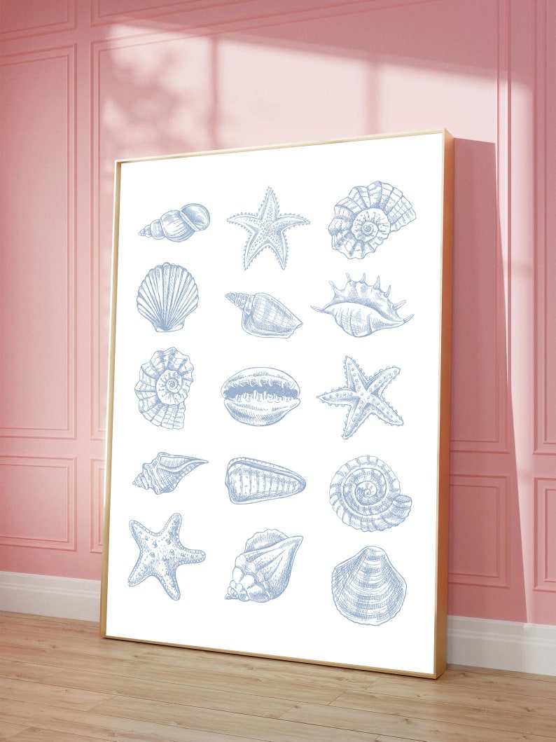 Light Blue Seashells Coastal Beach House Preppy Print Seafood Pastel ...