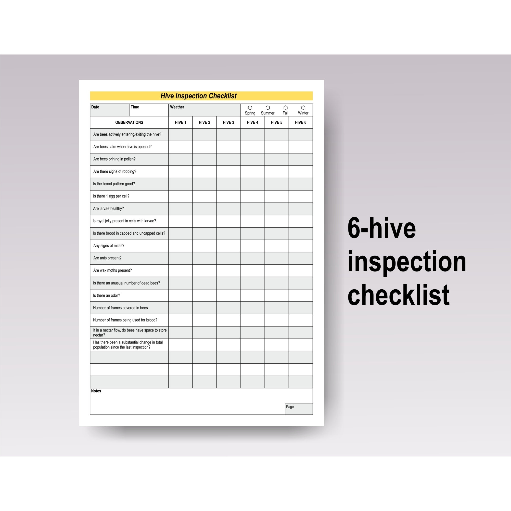 Beehive Inspection Checklist Pdf Form Printable Bee Hive | Etsy