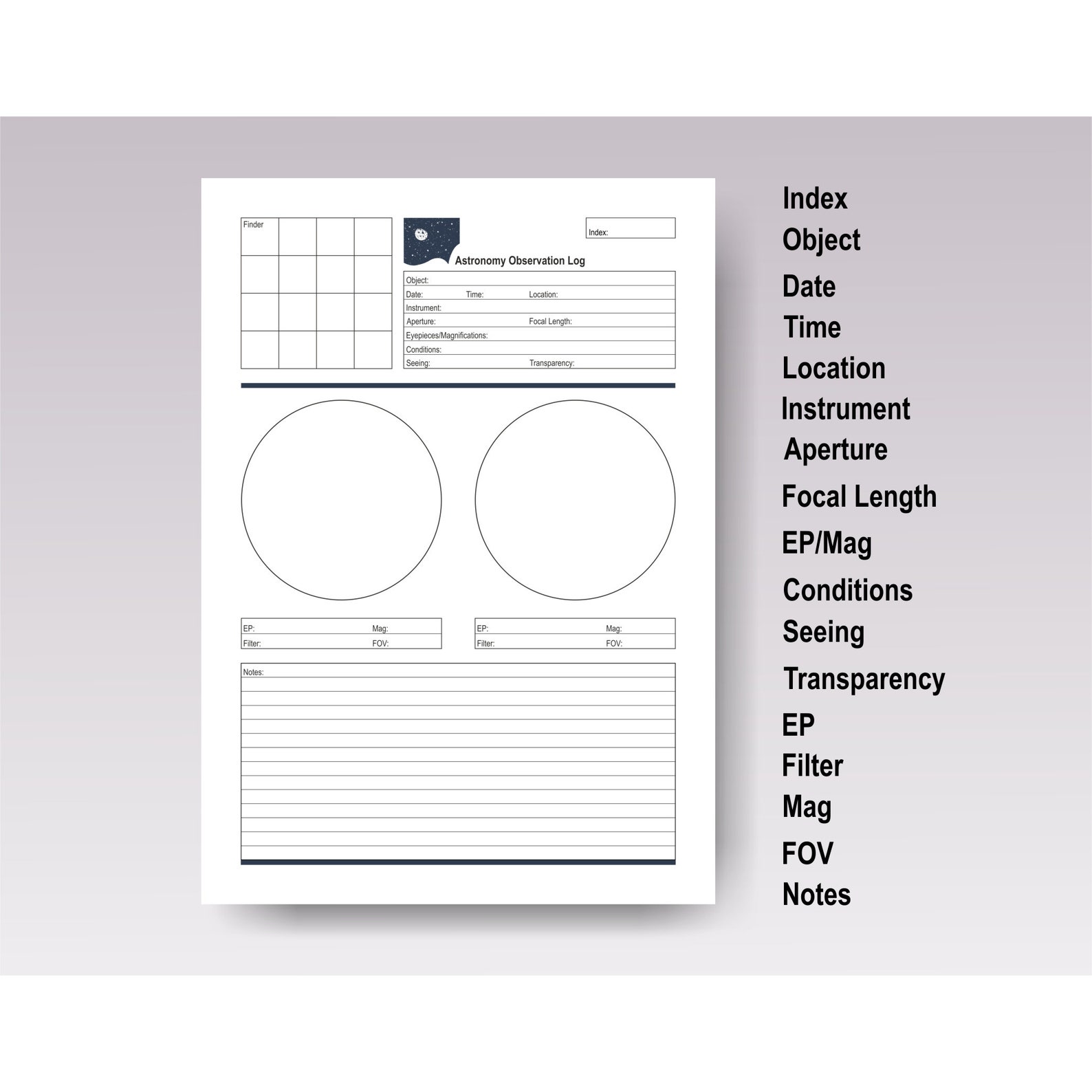 Astronomy Observation Log Sheet PDF Form Astronomical Logbook | Etsy
