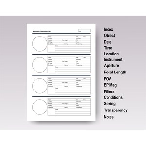 Astronomy Observation Log Sheet PDF Form Astronomical Logbook | Etsy